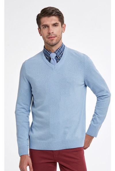 Hemington V Yaka Açık Mavi Yün Kazak