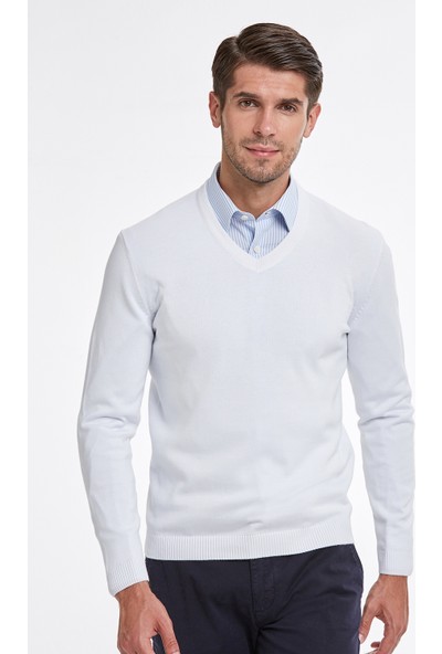 Hemington V Yaka Beyaz Saf Pamuk Triko