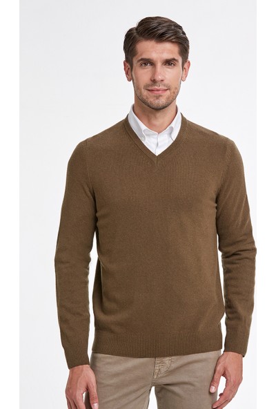 Hemington V Yaka Duman Yeşili Yün Kazak