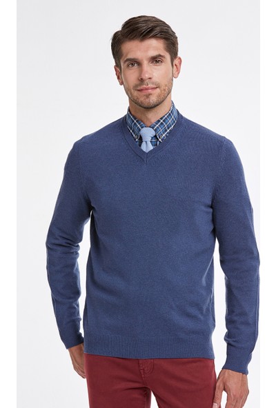 Hemington V Yaka Gece Mavisi Yün Kazak