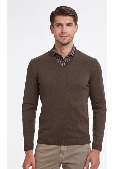 Hemington V Yaka Koyu Kahverengi Saf Pamuk Triko