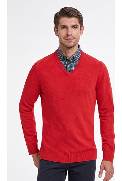 Hemington V Yaka Koyu Kırmızı Yün Kazak