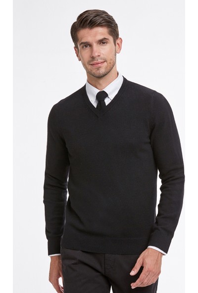 Hemington V Yaka Koyu Siyah Yün Kazak