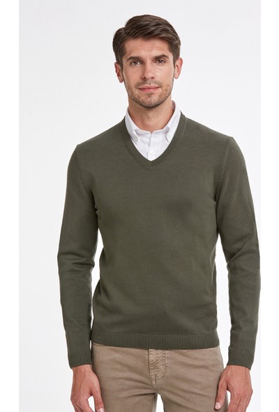 Hemington V Yaka Mavi Haki Saf Pamuk Triko