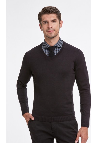 Hemington V Yaka Siyah Saf Pamuk Triko