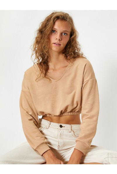 Koton Kadın V Yaka Crop Sweatshirt