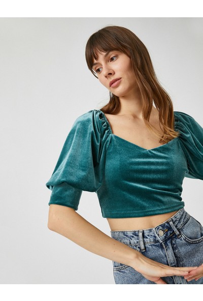 Koton Kısa Kollu Kadife Crop Tişört Koton Kısa Kollu Kadife Crop Tişört