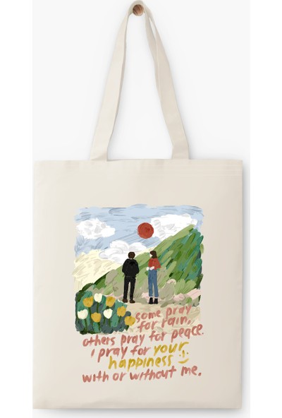 Çınar Bez Çanta I Pray For Your Happiness Baskılı Ham Bez Çanta