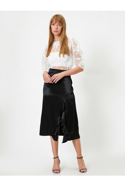 Koton Kadın Volanlı Yüksek Bel Yırtmaçlı Midi Etek Koton Kadın Volanlı Yüksek Bel Yırtmaçlı Midi Etek