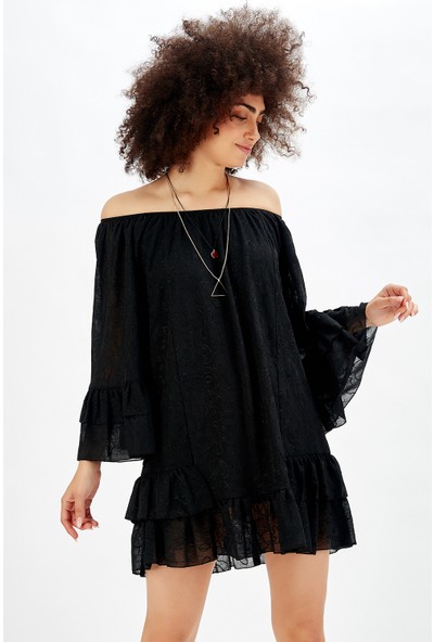 Sense Etek Ucu 2 Kat Kollar 2 Kat Astarli Şifon Elbise Siyah