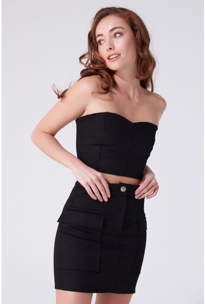 Berfuğ Kıran Yanları Cepli Kot Etek Berfuğ Kıran Yanları Cepli Kot Etek