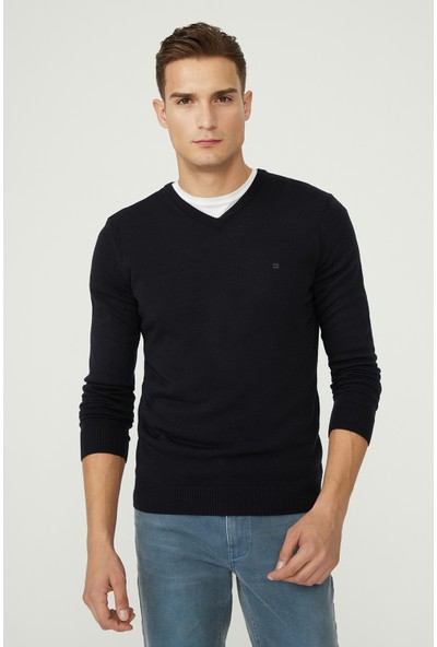 Avva Erkek Lacivert V Yaka Düz Kazak E005003