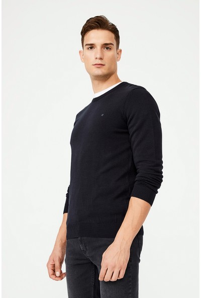 Avva Erkek Lacivert Bisiklet Yaka Düz Kazak E005000