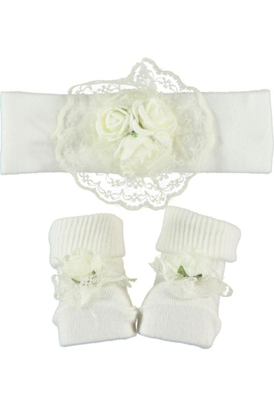 Minidamla Kız Bebek Bandana ve Çorap Set 0-3 Ay Ekru