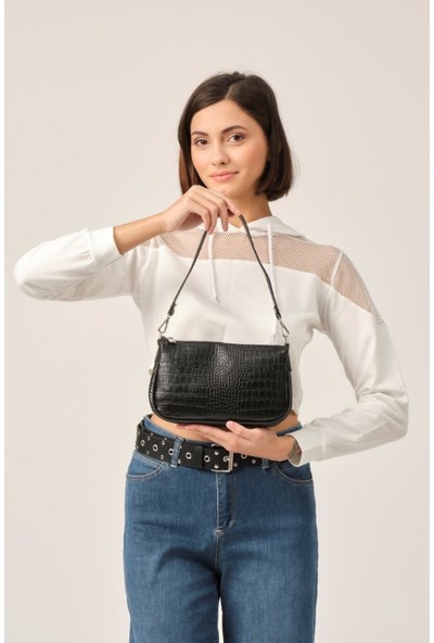 Moda Trendi Kroko Baget Siyah Çanta