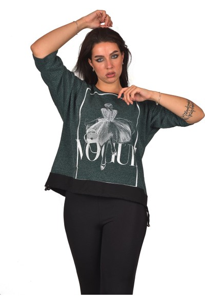 Ultimod Yeşil Baskılı Büyük Beden Kadın Bluz ULT3812