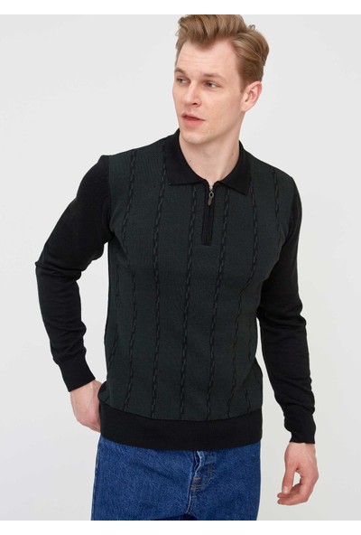 Adze Erkek Siyah Hunter Polo Yaka Desenli Kazak