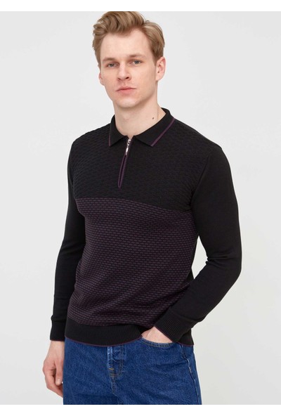 Adze Erkek Siyah Mor Polo Yaka Desenli Kazak Adze Erkek Siyah Mor Polo Yaka Desenli Kazak
