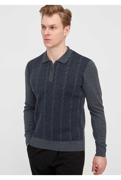 Adze Erkek Lacivert Gri Polo Yaka Desenli Kazak Adze Erkek Lacivert Gri Polo Yaka Desenli Kazak