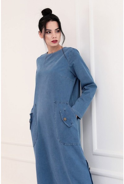 Piennar Rengin Mavi Kot Tesettür Elbise Piennar Rengin Mavi Kot Tesettür Elbise