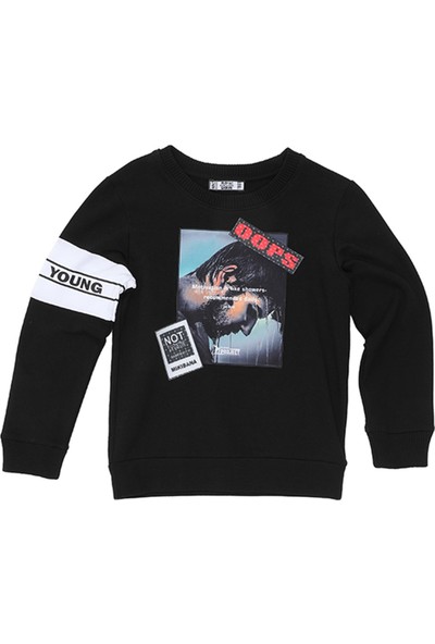 Nanica 320379-Syh Ön Baskılı Bisiklet Yaka Iki Iplik 10 Yaş Erkek Çocuk Sweatshirt-Siyah