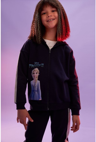 DeFacto Kız Çocuk Frozen 2 Lisanslı Kapüşonlu İçi Yumuşak Tüylü Hırka S7864A620WN