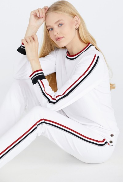 Sementa Şerit Çizgili Kadın Eşofman Takımı - Beyaz Sementa Şerit Çizgili Kadın Eşofman Takımı - Beyaz
