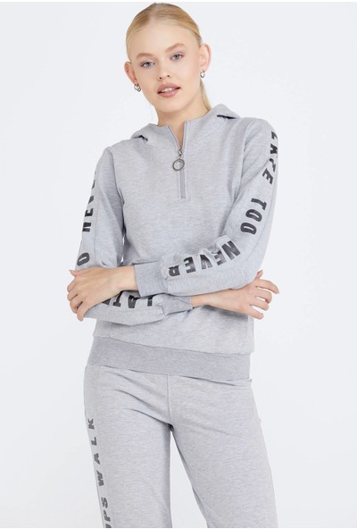Sementa Yazı Desenli Fermuarlı Kadın Eşofman Takımı - Gri