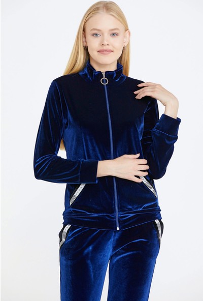 Sementa Dik Yaka Kadife Kadın Eşofman Takımı - Saks