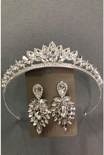 Hayalperest Boncuk Gümüş Rengi Kristal Cam Taşlı Gümüş Rengi Gelin Tacı ve Küpe Takımı