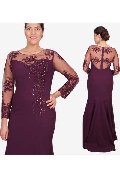 Gzn Güpür Krep Abiye Elbise Mürdüm