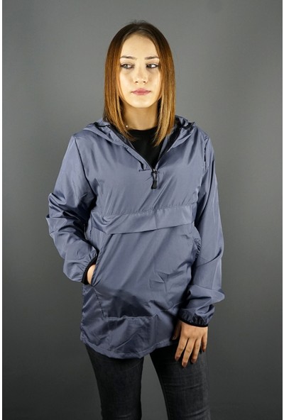 Aksesuargo Kadın Gri Kapüşonlu Yağmurluk Mevsimlik Mont