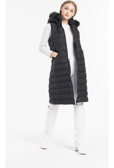 Moda Arven Siyah Mat Çift Fermuarlı Kapüşonlu Uzun Şişme Yelek