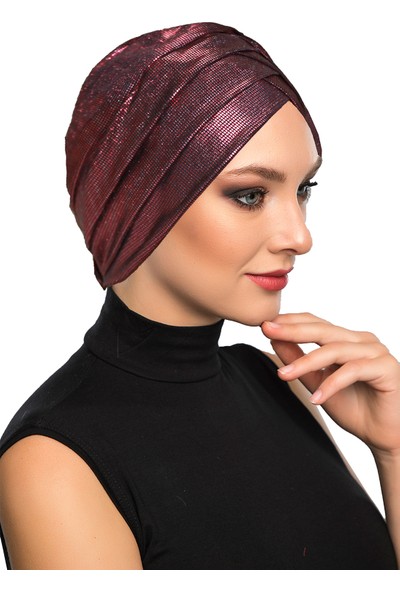 Fidan Bone Üç Bantlı Noktalı Bordo Hazır Türban Tesettür Bone