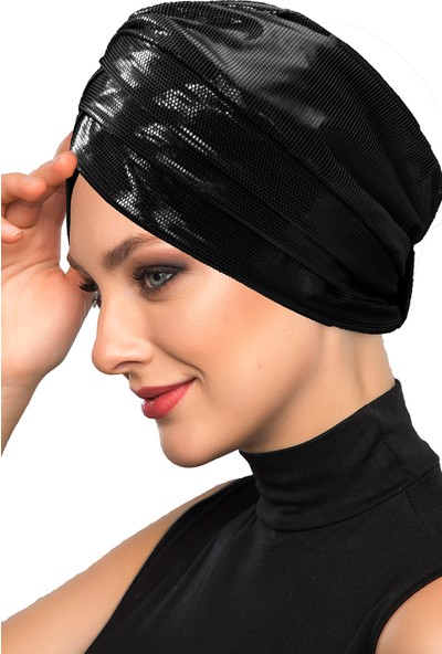 Fidan Bone Üç Bantlı Noktalı Siyah Hazır Türban Tesettür Bone