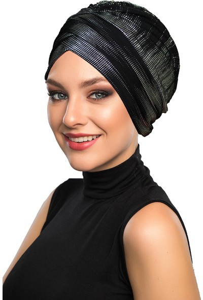 Fidan Bone Üç Bantlı Noktalı Siyah-Gümüş Hazır Türban Tesettür Bone