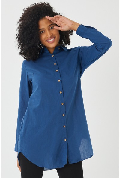 Maldia Düğmeli Indigo Büyük Beden Tunik İndigo 40
