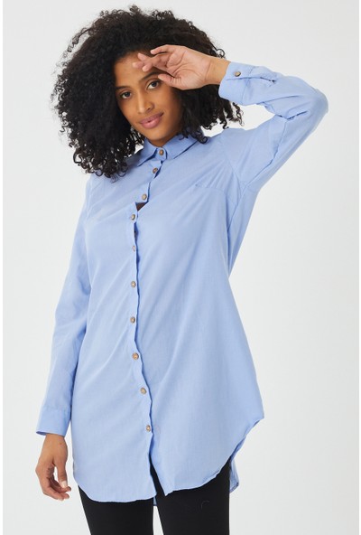 Maldia Düğmeli Gök Mavisi Büyük Beden Tunik Gök Mavisi 48