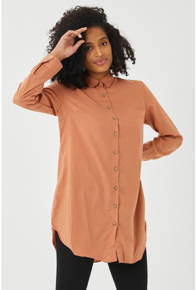 Maldia Düğmeli Taba Büyük Beden Tunik Taba 40