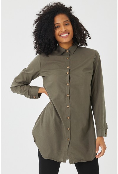 Maldia Düğmeli Haki Büyük Beden Tunik Haki 44