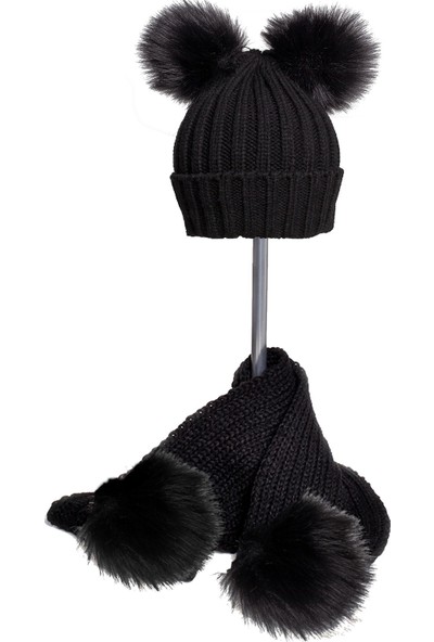 Baby Dora Çift Siyah Ponponlu Siyah Bere & Atkı Takım