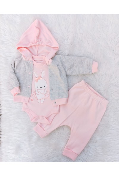 Babyim Balarin Tavşan Nakışlı Hırkalı 3'lü Takım - Somon