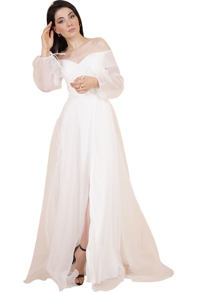 SpringStore Ekru Balon Kol Organize Kumaş Abiye SpringStore Ekru Balon Kol Organize Kumaş Abiye