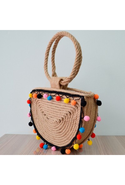 Hazar Spor Halat Hasır Çanta - Kenarları Renkli Ponponlu