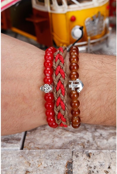 Renocar Kahverengi ve Kırmızı Şık Tasarım Erkek Bileklik Kombini