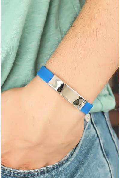 Renocar Mavi Silikon Metal Aksesuarlı Erkek Bileklik