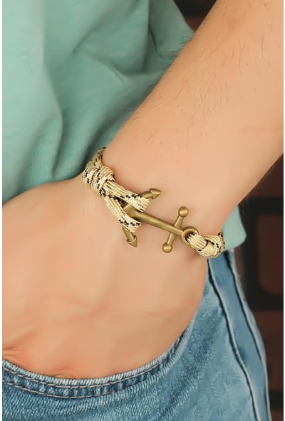 Renocar Krem Renk Desenli Metal Çapalı Erkek Bileklik