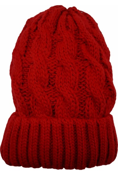 Qniay Kırmızı Bere Katlanabilir Triko Örgü Kadın Bere