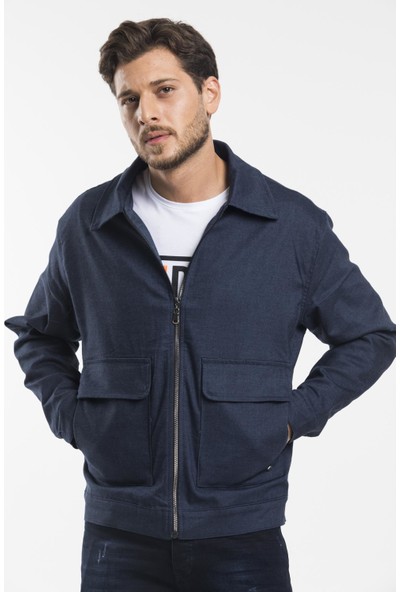 Shoppingdimoda Electra Lacivert Kapaklı Cepli Fermuarlı Kot Ceket