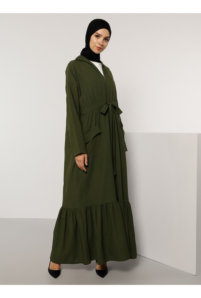 Tavin Kapüşonlu Cep Detaylı Ferace Haki